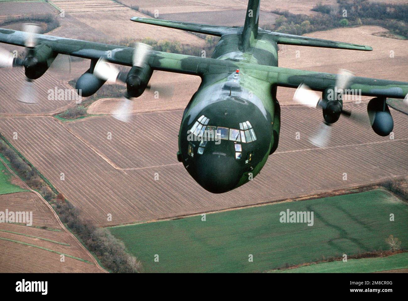 An air-to-air front view of a C-130H Hercules aircraft of the 139th ...