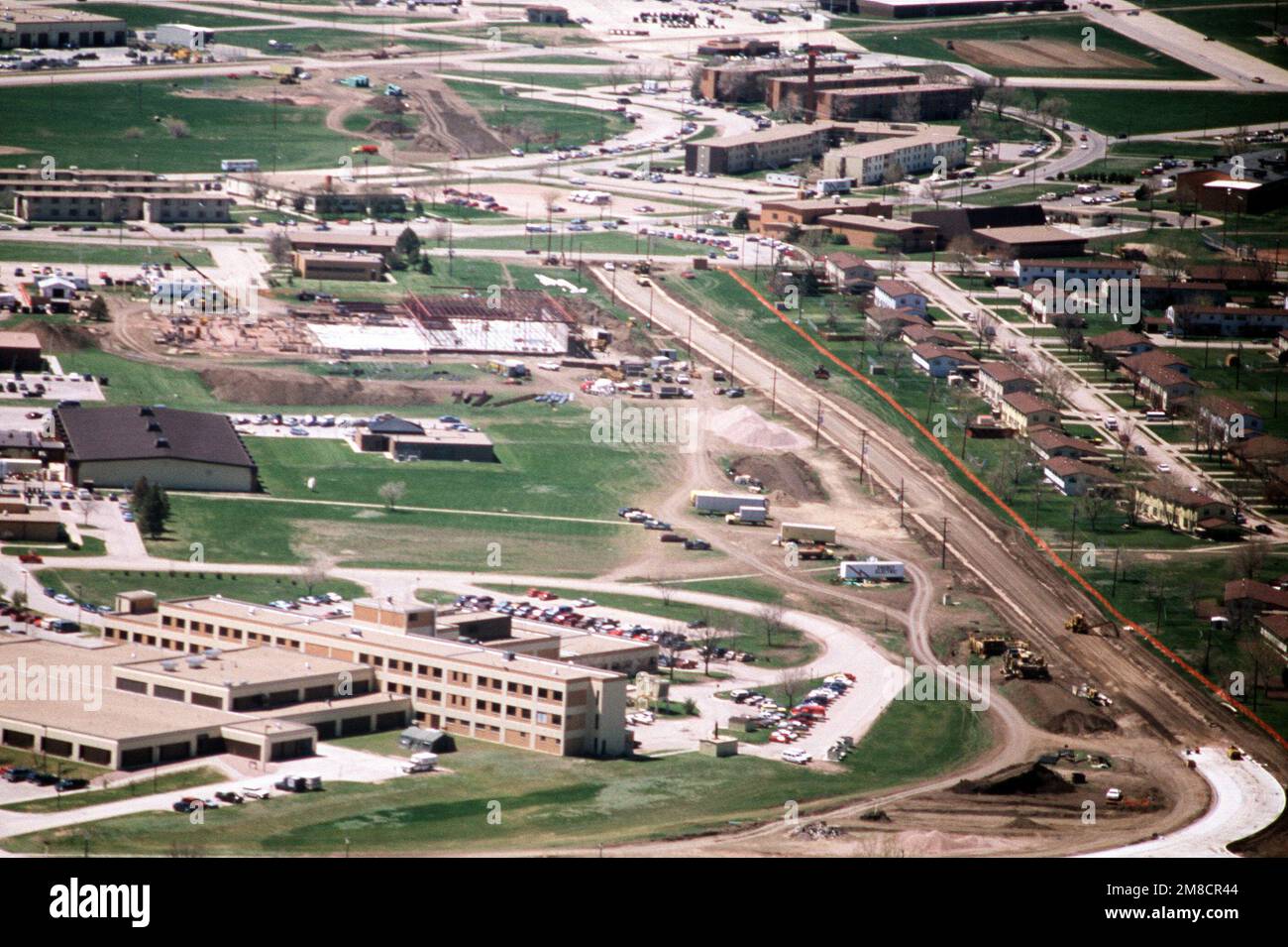 An aerial view of a portion of the base, showing a road and a ...