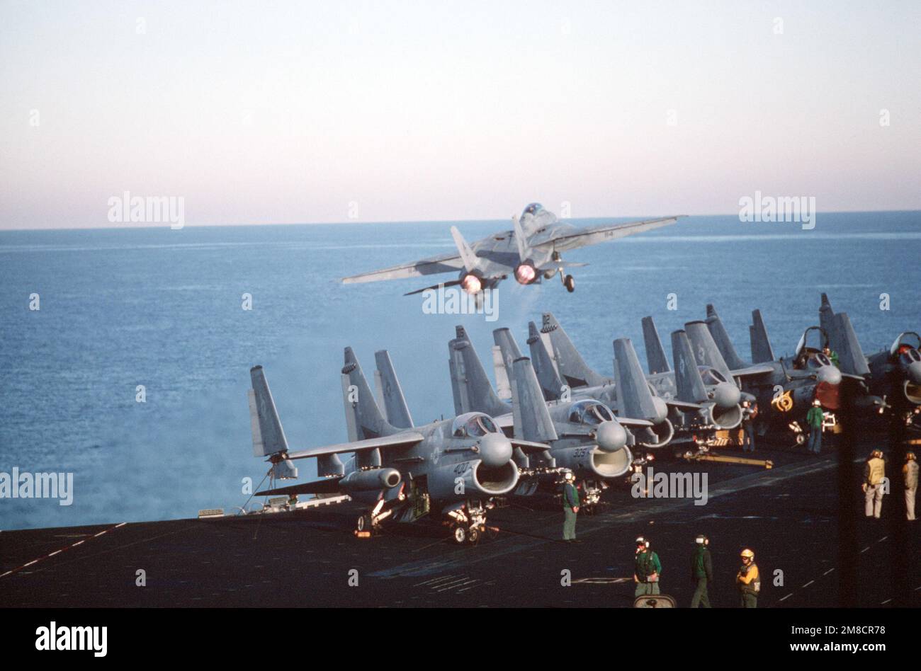An F-14A Tomcat aircraft flies past a line of Attack Squadron 46 (VA-46 ...