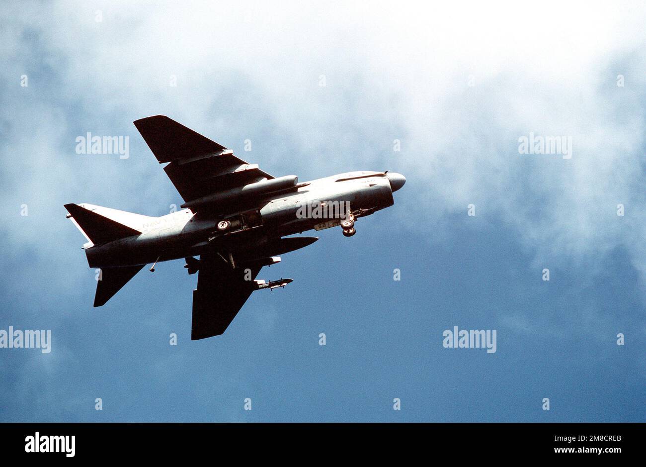 An attack Squadron 46 (VA-46) A-7E Corsair II aircraft, its landing ...