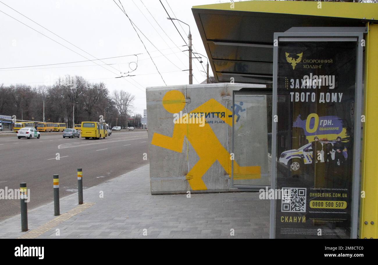 DNIPRO, UKRAINE - JANUARY 12, 2023 - A mobile bomb shelter made of ...