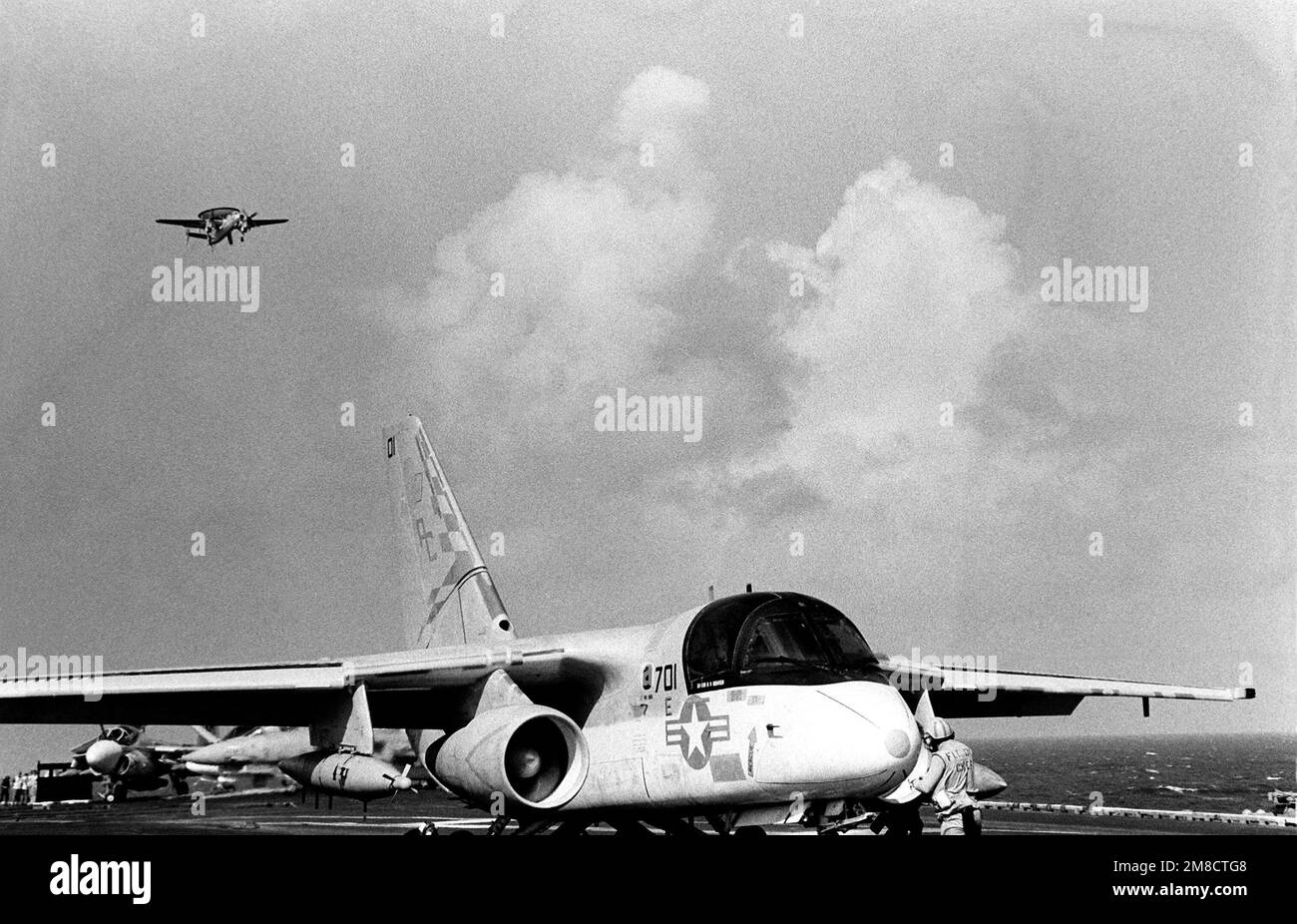 An S-3A Viking aircraft is chocked to the flight deck aboard the ...