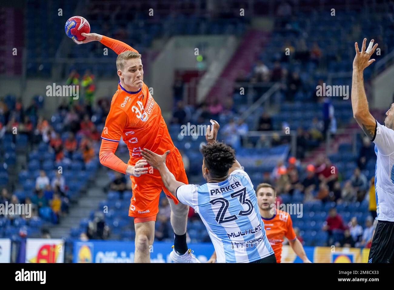 CRACOW, POLAND - JANUARY 13: Tom Jansen of The Netherlands shoots to score during the IHF Men's ...