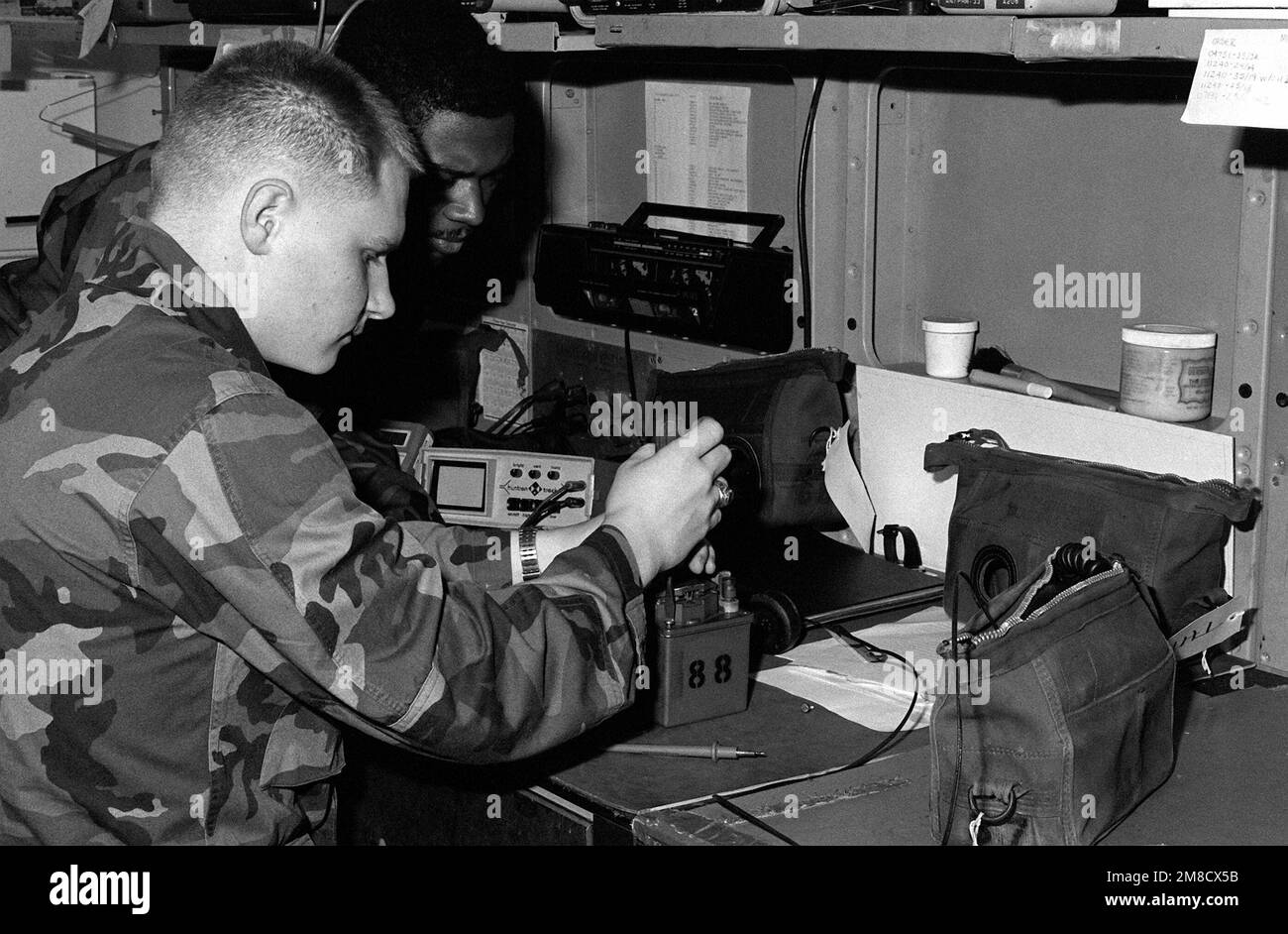 SGT A.C. Hull and CPL T. A. L. Baker of Communications Platoon, Marine Wing Support Squadron 171 ...