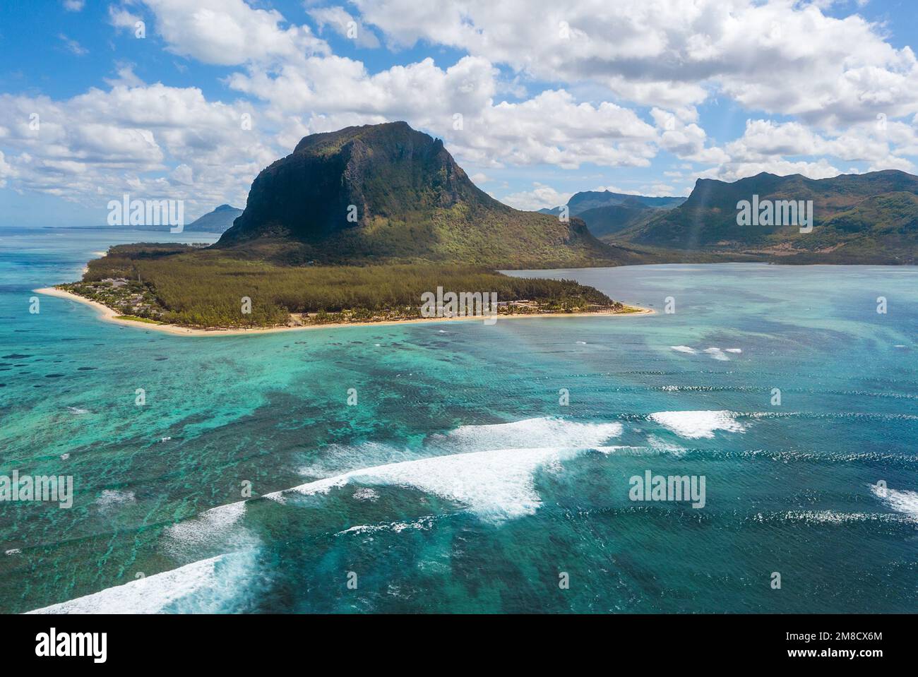 Turquoise clean lagoons protected by coral reefs of Le Morne peninsula ...
