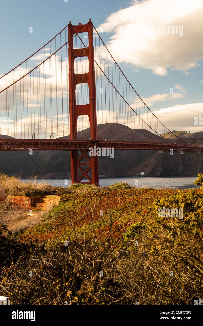 A vertical shot of the Golden Gate Bridge in San Francisco on a sunny ...