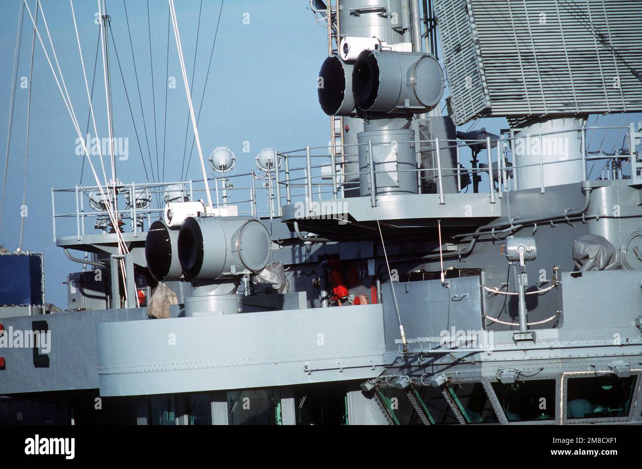 A view of two SPS-65 low altitude radar antennas for the Mark 91 Fire ...