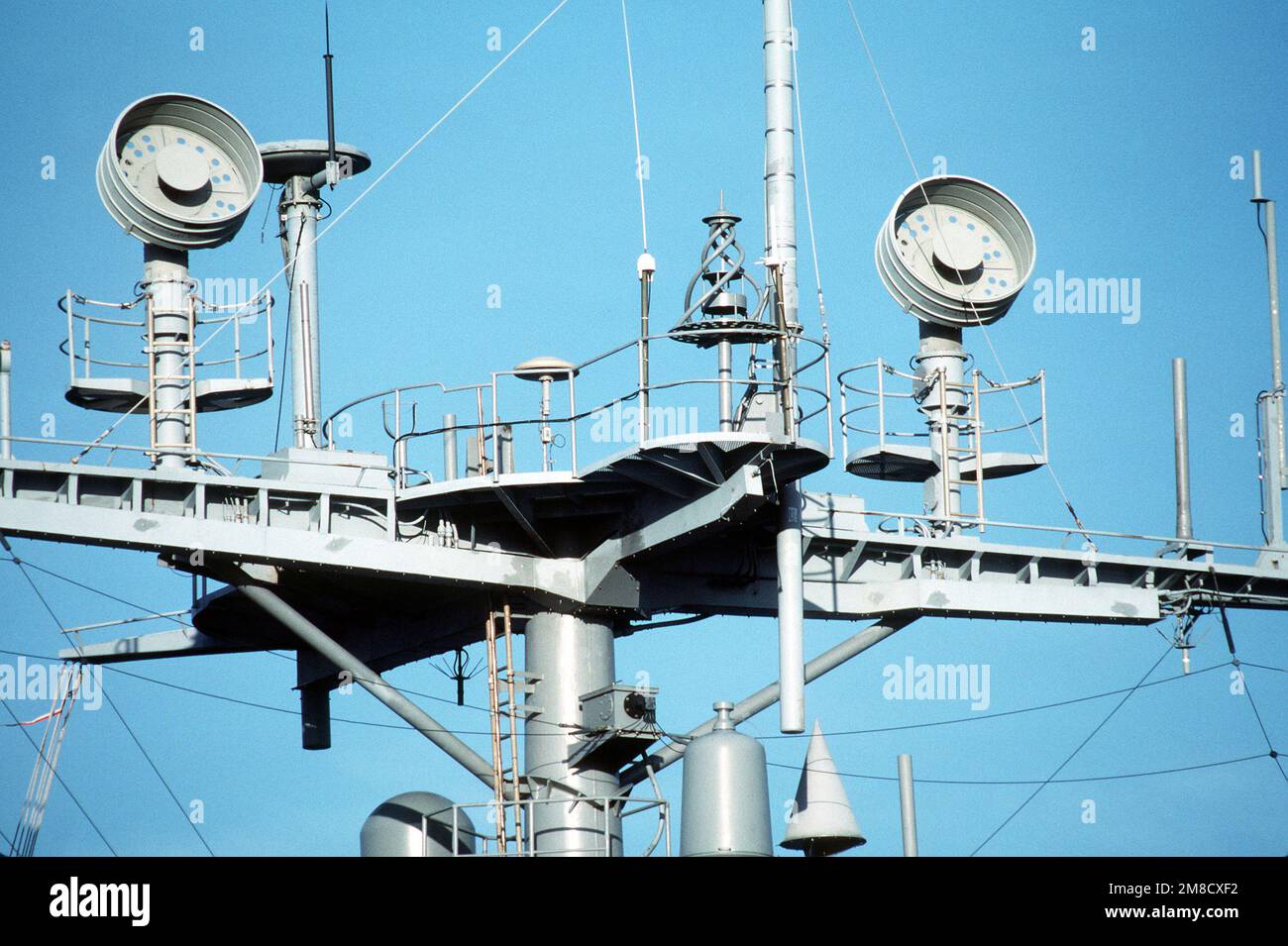 A close-up view of QL-2 satellite communications antennas on the ...