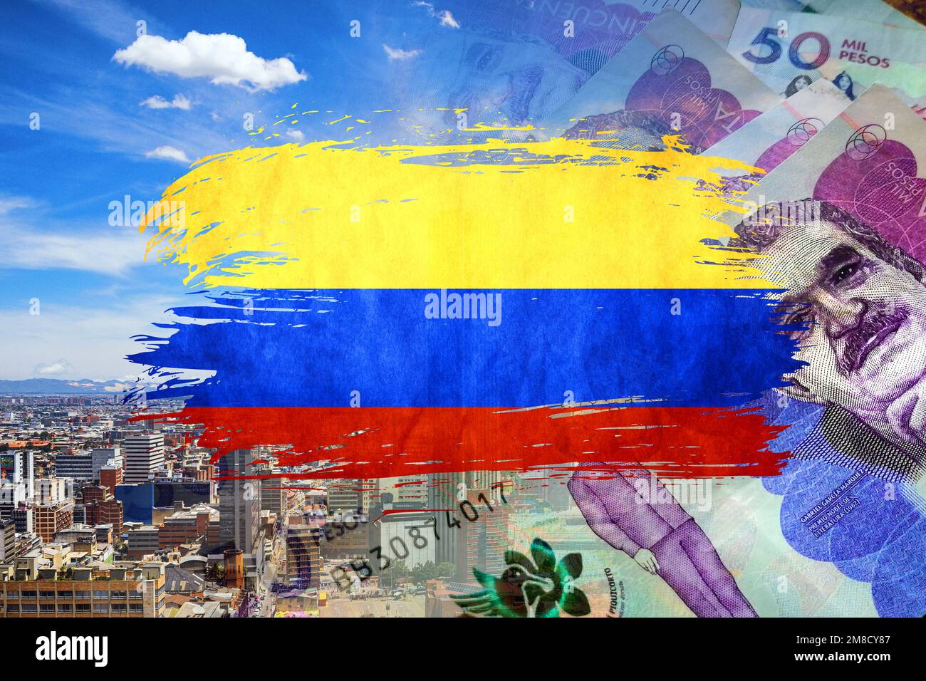 Colombia flag, Colombian peso banknotes in cash and Bogota city ...