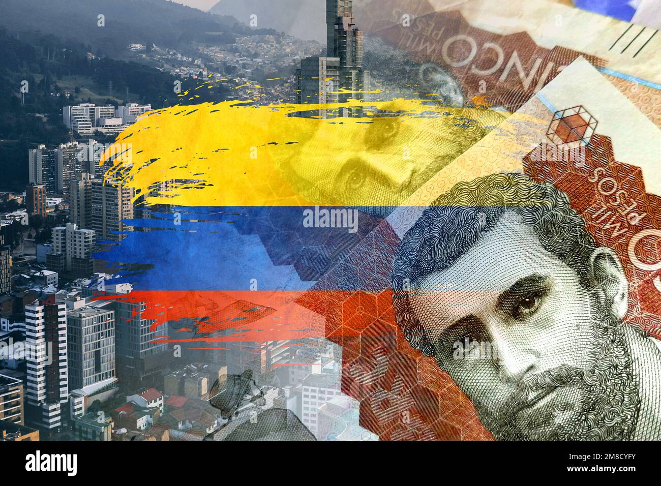 Colombia flag, Colombian peso banknotes in cash and Bogota city ...