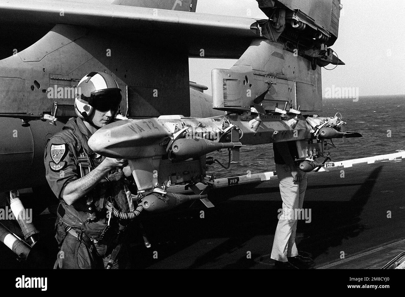 LTJG Naugton inspects practice bombs on his Attack Squadron 72 (VA-72 ...