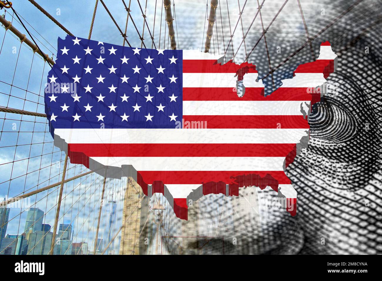 United States map, Brooklyn Bridge and cash dollar bill in the ...