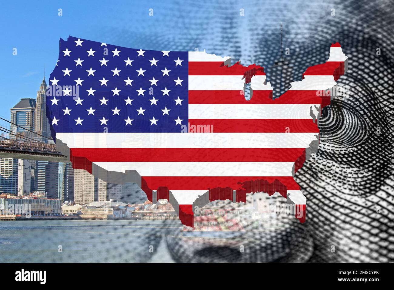 United States map, Brooklyn Bridge and cash dollar bill in the ...