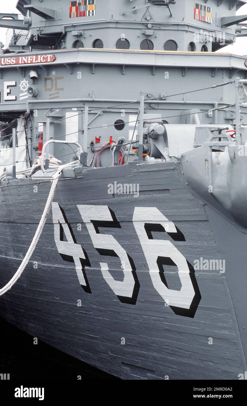 A close-up view of part of the bow and superstructure of the ...