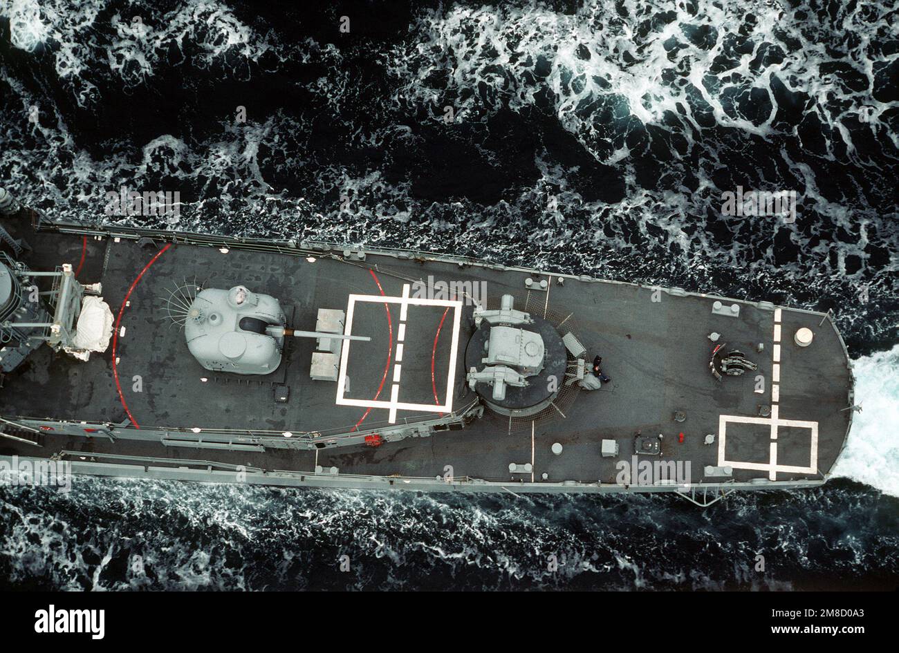 An overhead view of the stern section of the guided missile destroyer ...