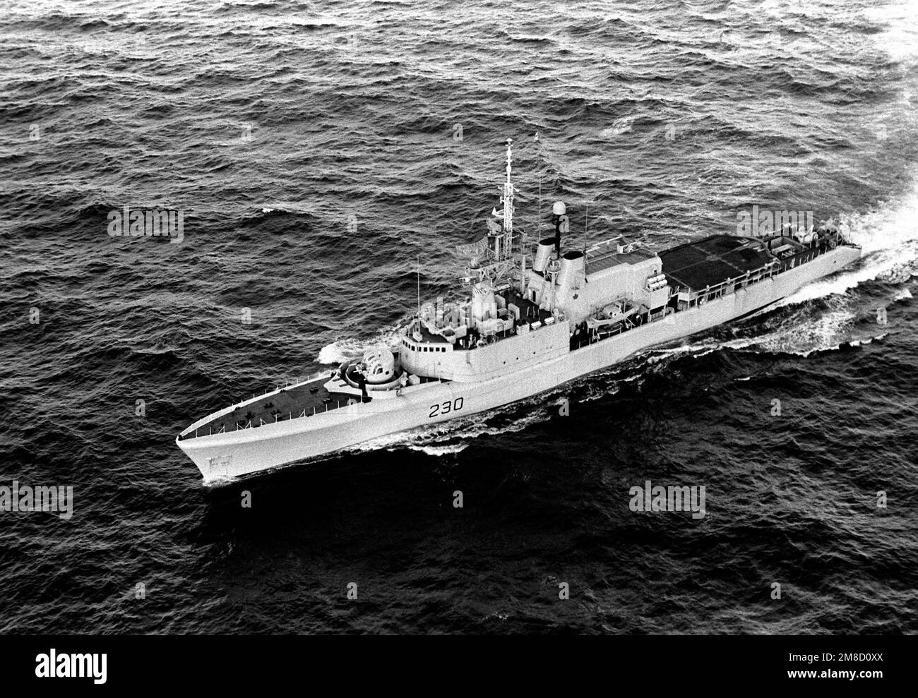 An aerial port view of the Canadian frigate HMCS MARGAREE (DDH 230 ...