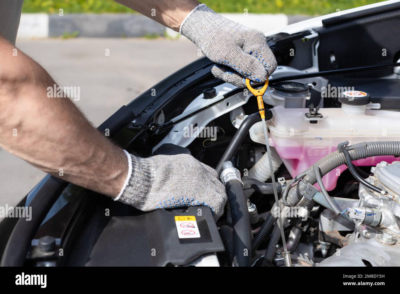 the driver checks the oil level in the car engine. master holding oil dipstick. hand holding oil ...