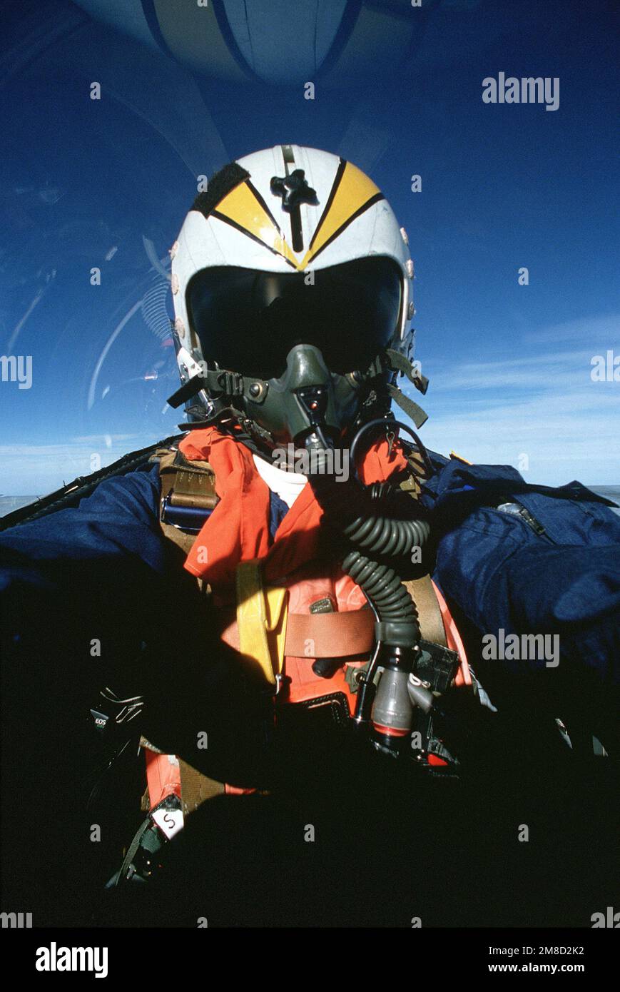 A close-up view of a pilot wearing flight uniform and gear as seen ...