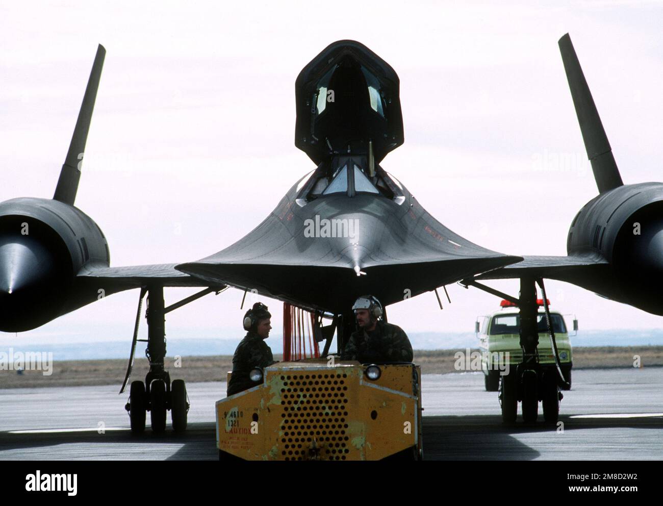A head-on view of an SR-71A high-altitude reconnaissance aircraft as it ...