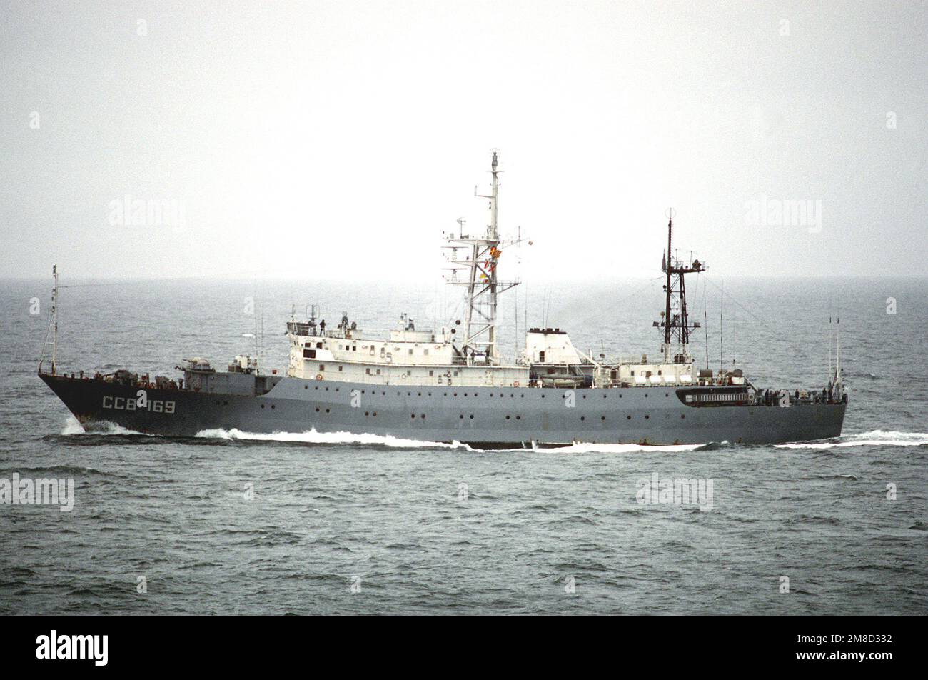 A port beam view of the Soviet Vishnya class intelligence collector SSV ...