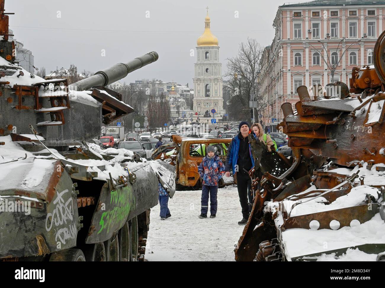 People look at the destroyed captured Russian military equipment ...