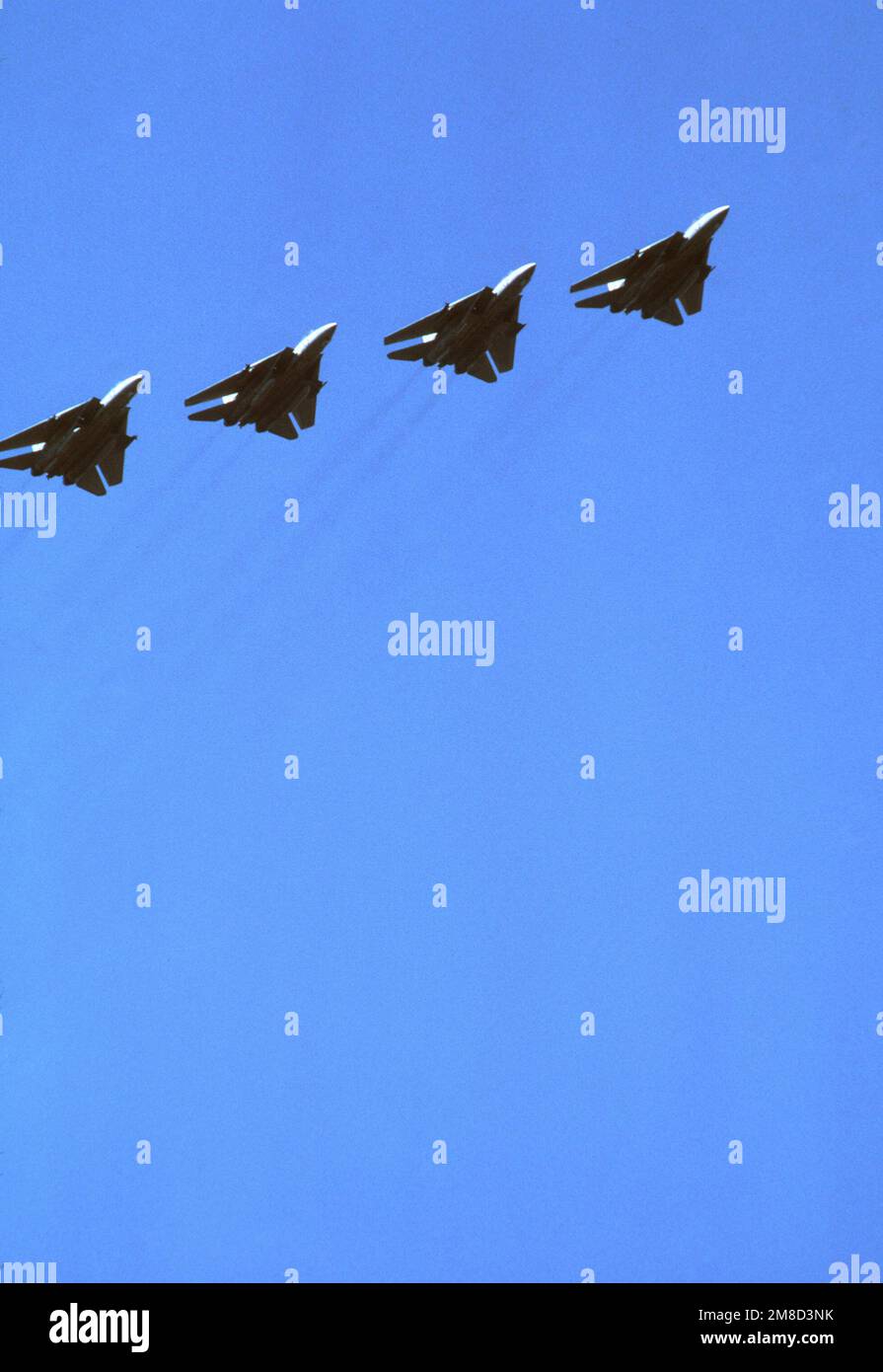 A four-plane formation of F-14A Tomcat aircraft passes overhead. Base ...