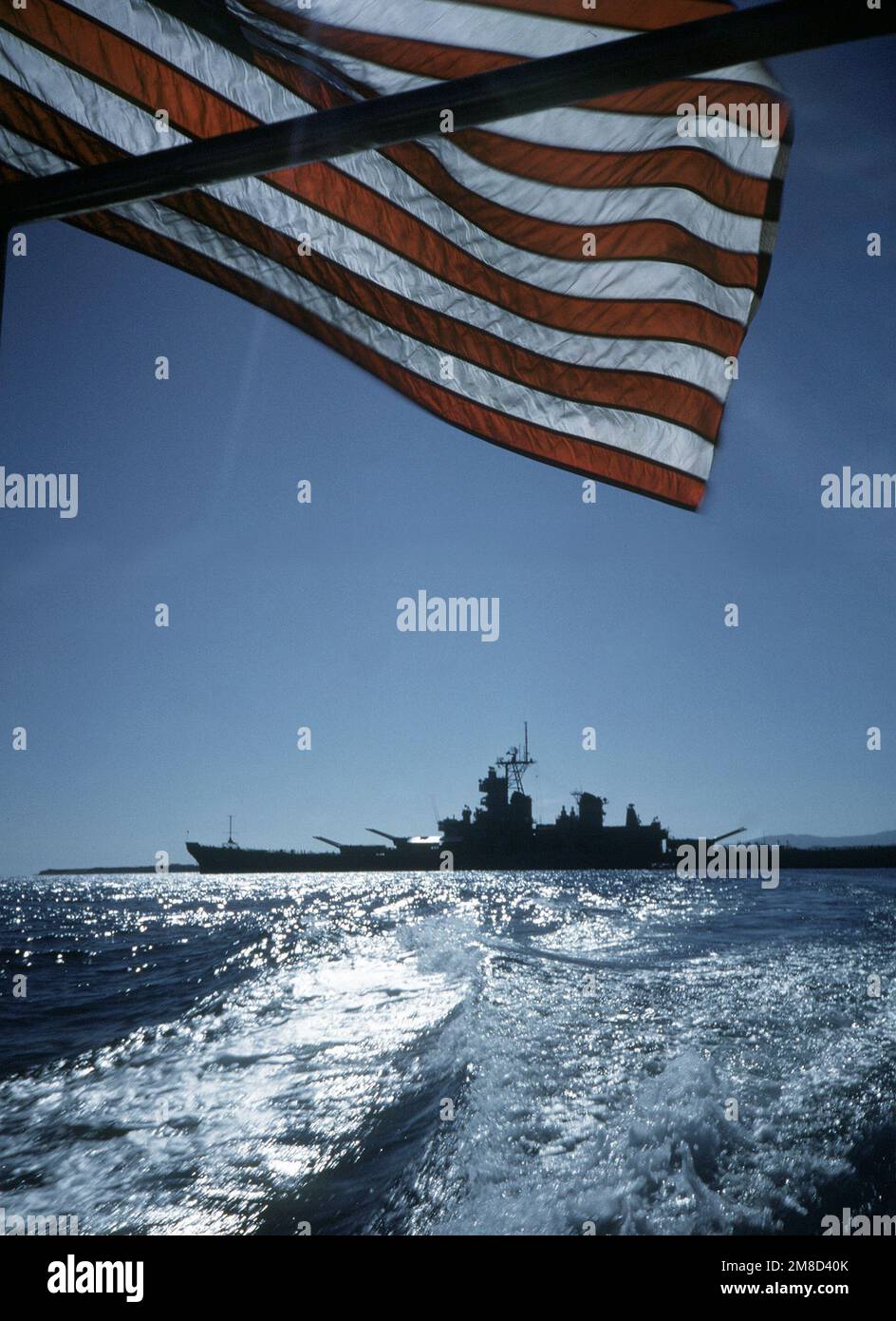 As seen from a departing liberty boat, the battleship USS WISCONSIN (BB ...