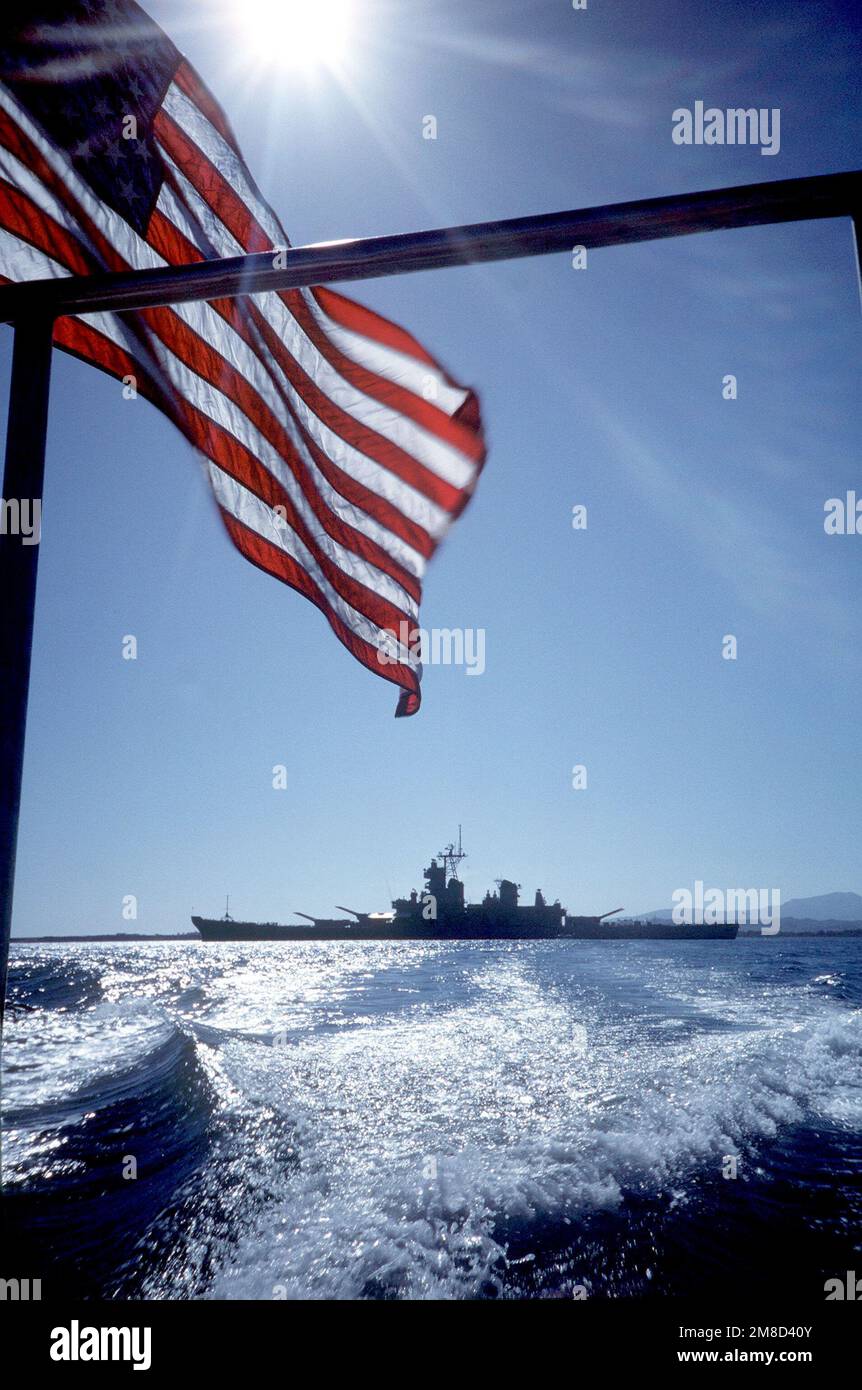 As seen from a departing liberty boat, the battleship USS WISCONSIN (BB ...
