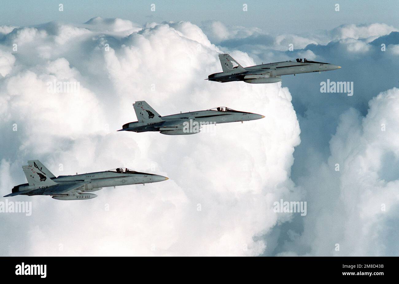 A right side view of three Strike Fighter Squadron 132 (VFA-132) F/A ...