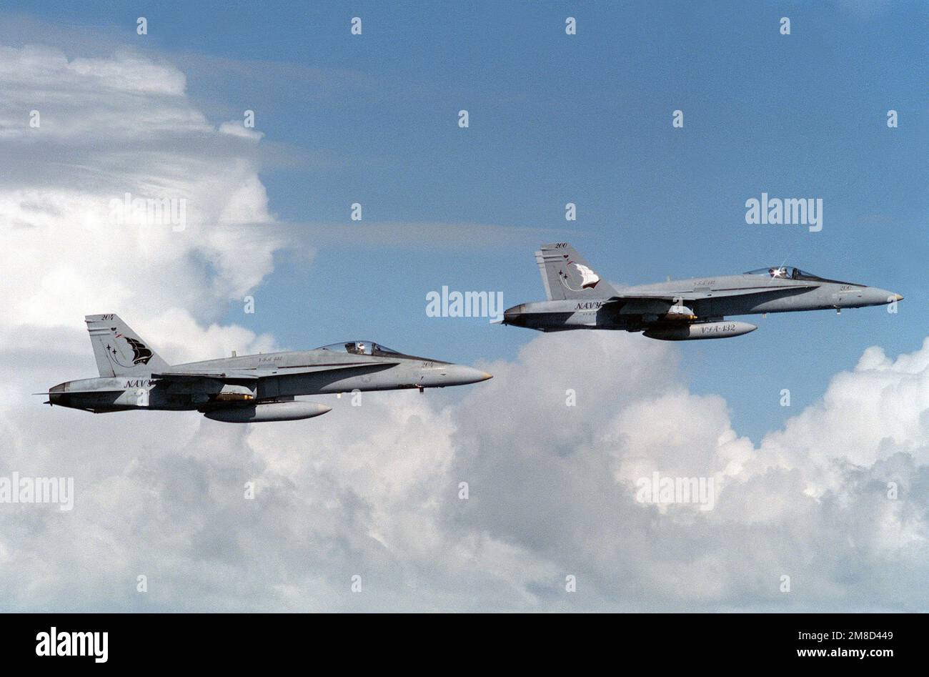 A right side view of two Strike Fighter Squadron 132 (VFA-132) F/A-18A ...