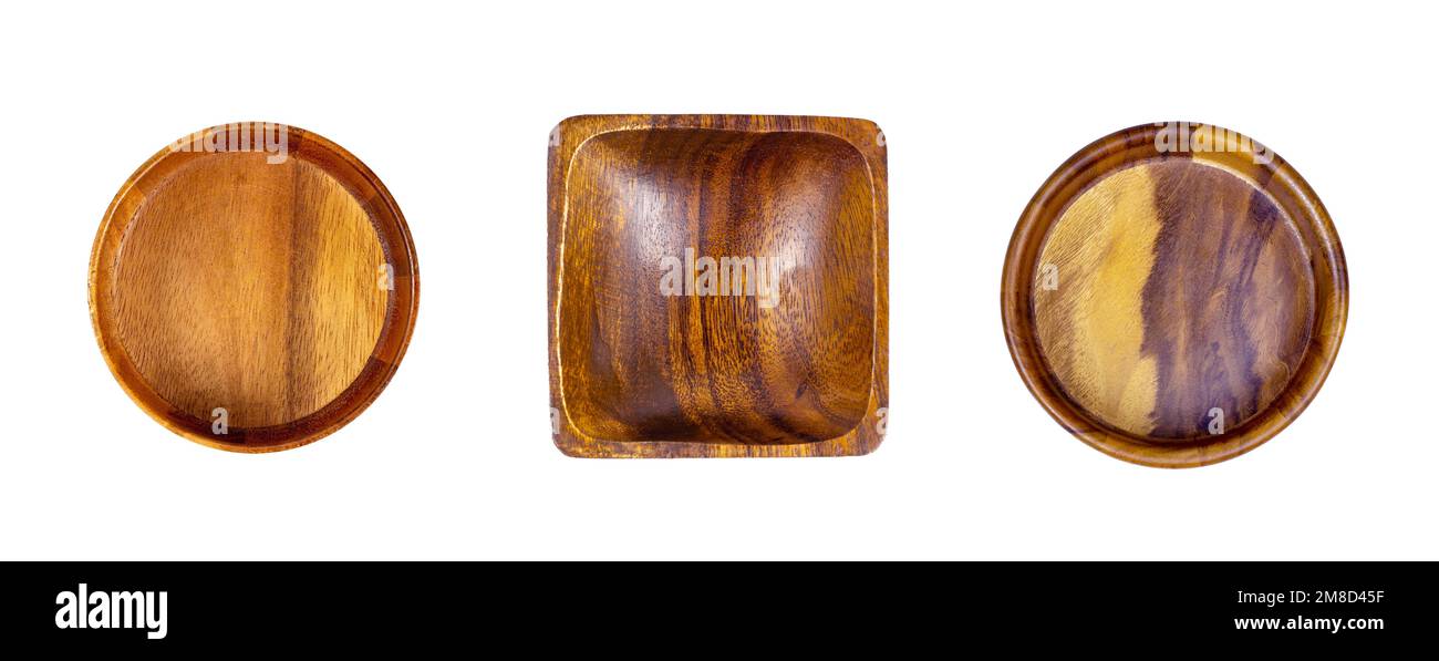 Top view of empty brown square and round wooden bowls set isolated on ...