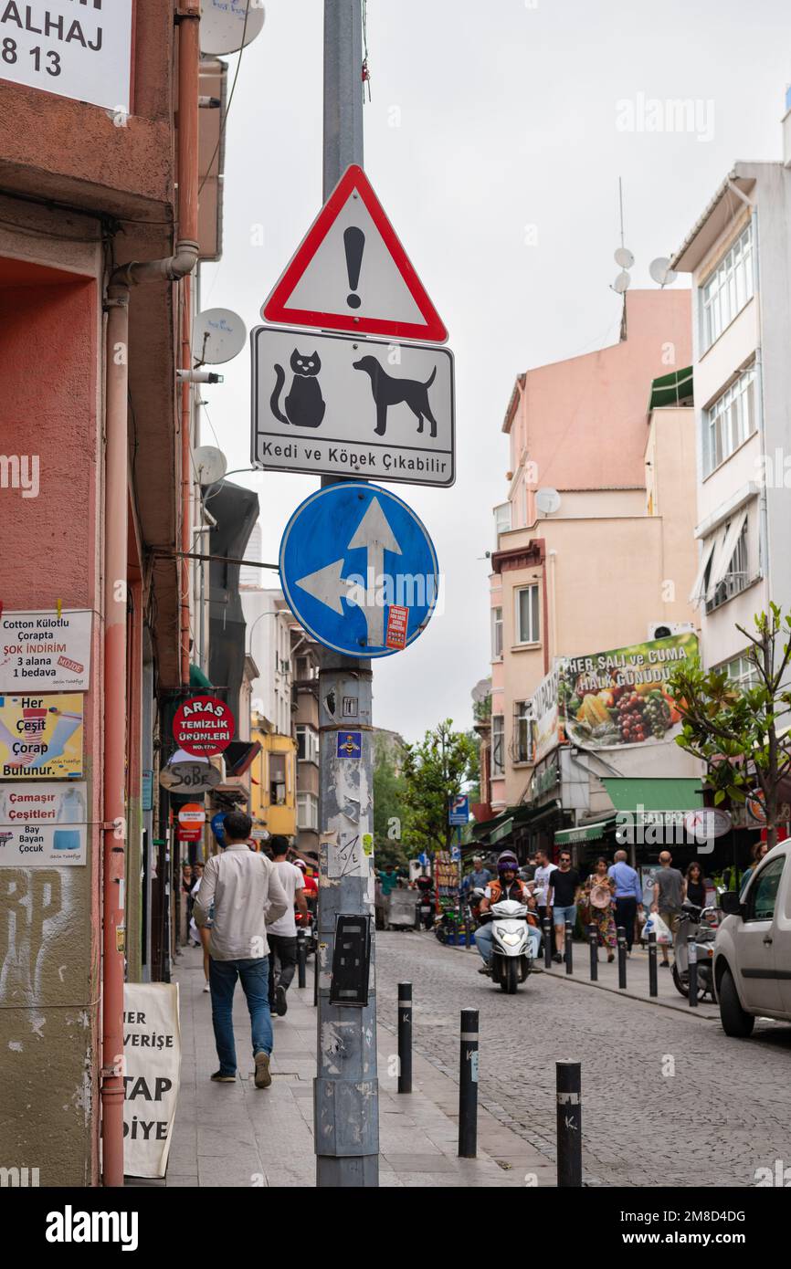 Traffic warning sign of cats and dogs wandering in the street ...