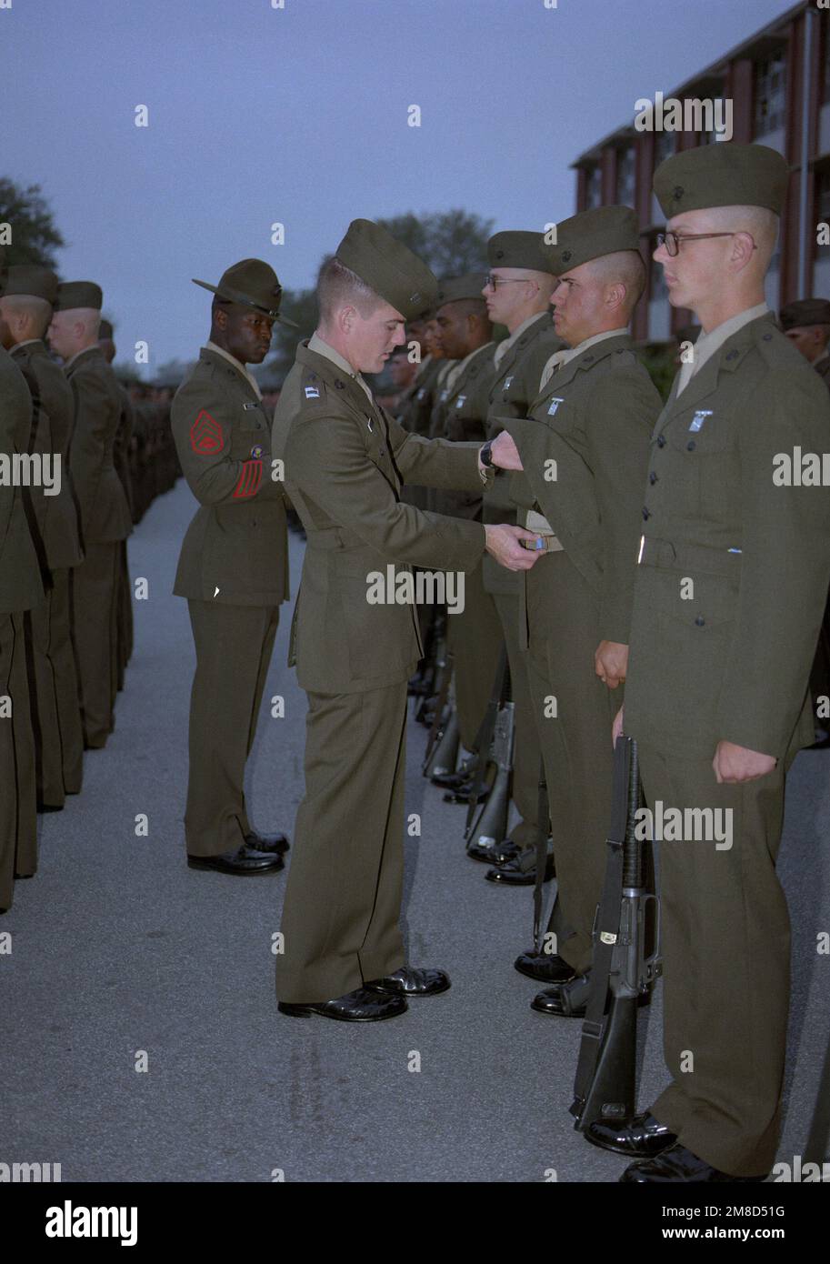 A 2nd Battalion recruit stands at attention while the company commander ...