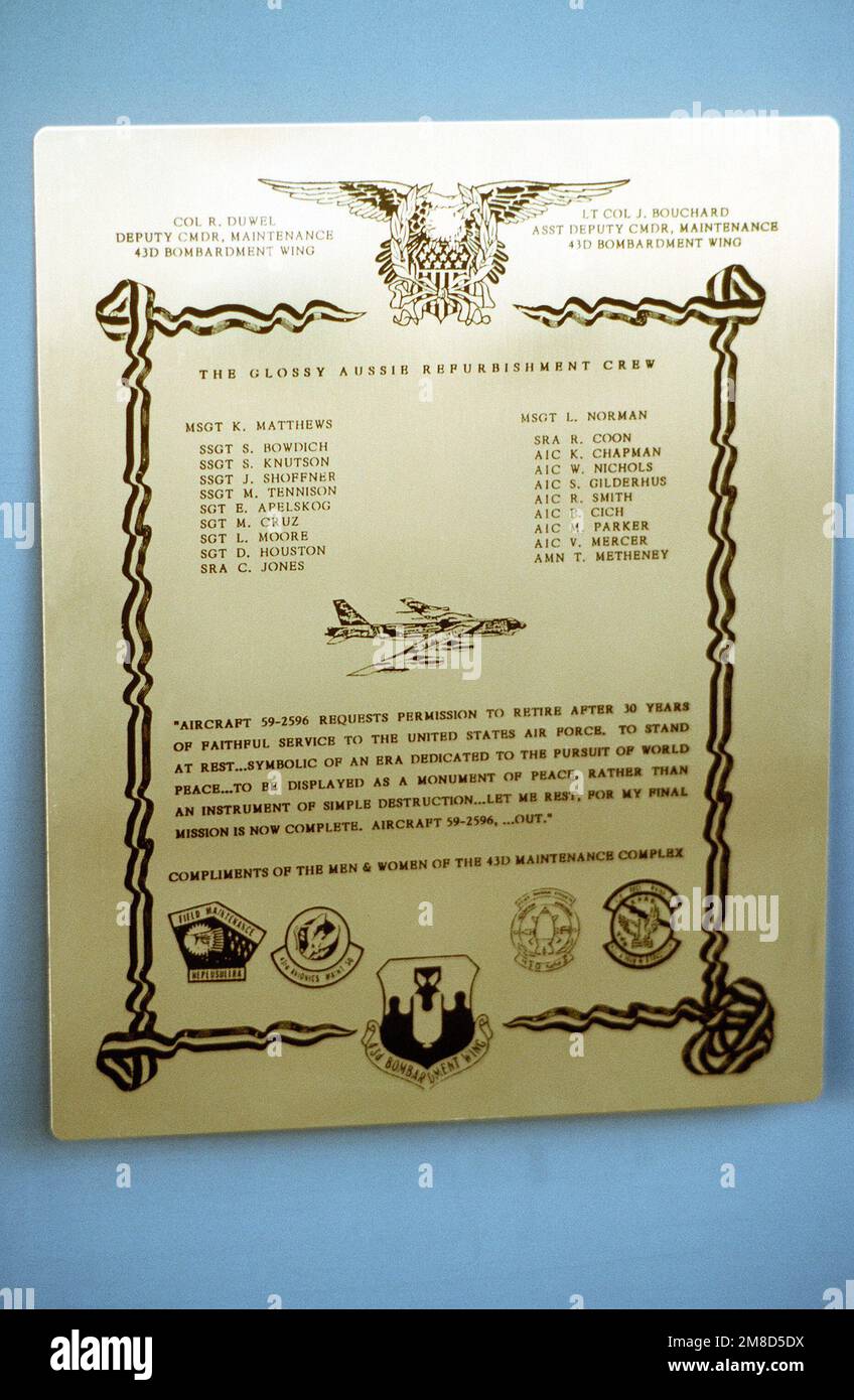 A view of a plaque that will be placed on a bomb bay door aboard the ...