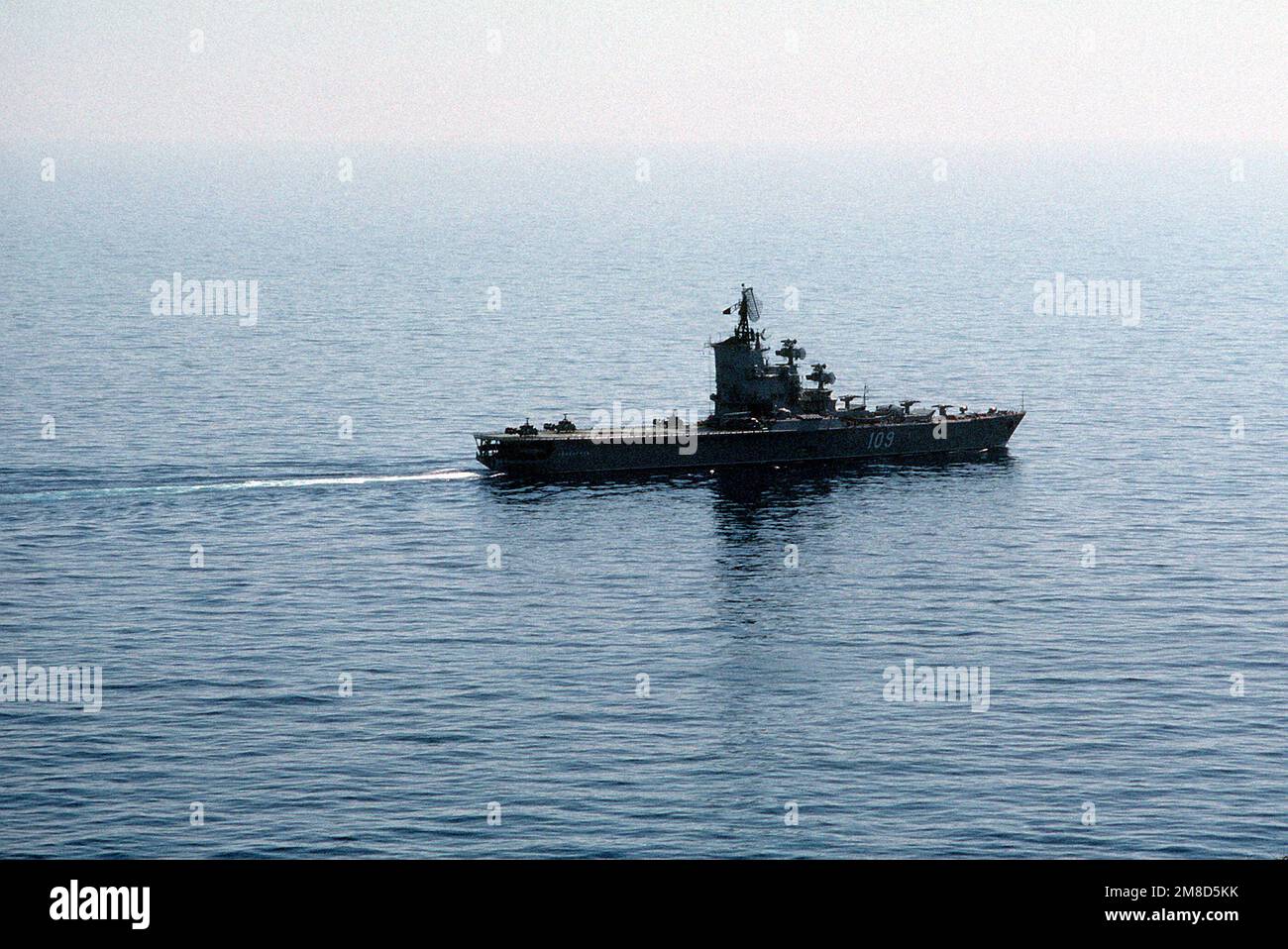 A starboard view of the Soviet Moskva class helicopter cruiser ...