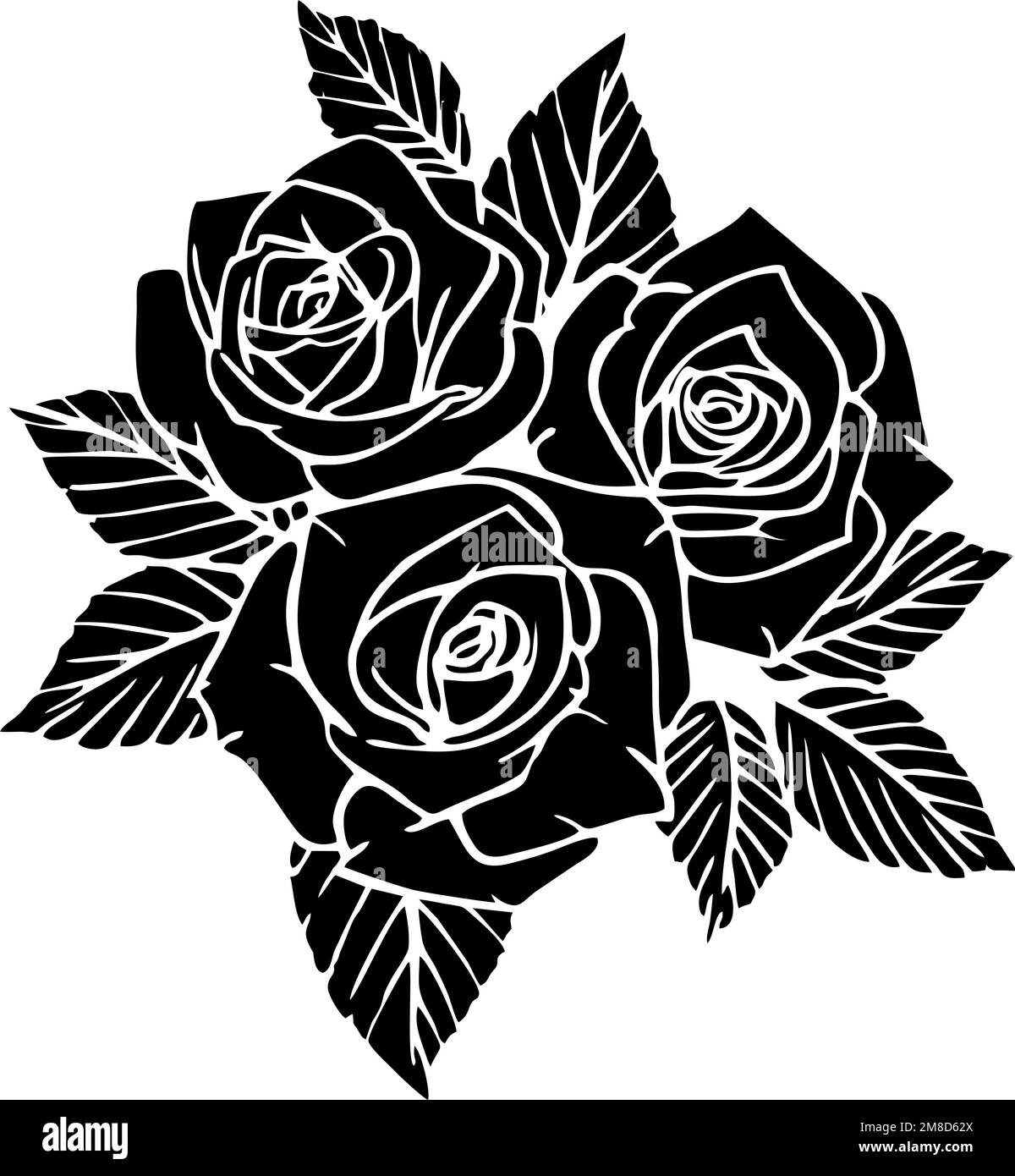 black contour drawing of a bouquet of three roses on a white background ...