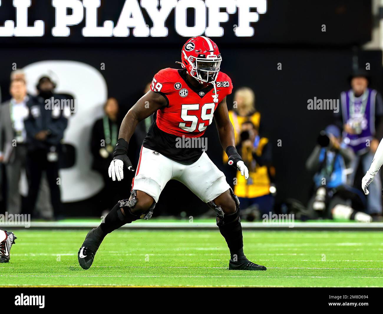 Inglewood, CA. 9th Jan, 2023. Georgia Bulldogs offensive lineman Broderick Jones (59) reacts to ...