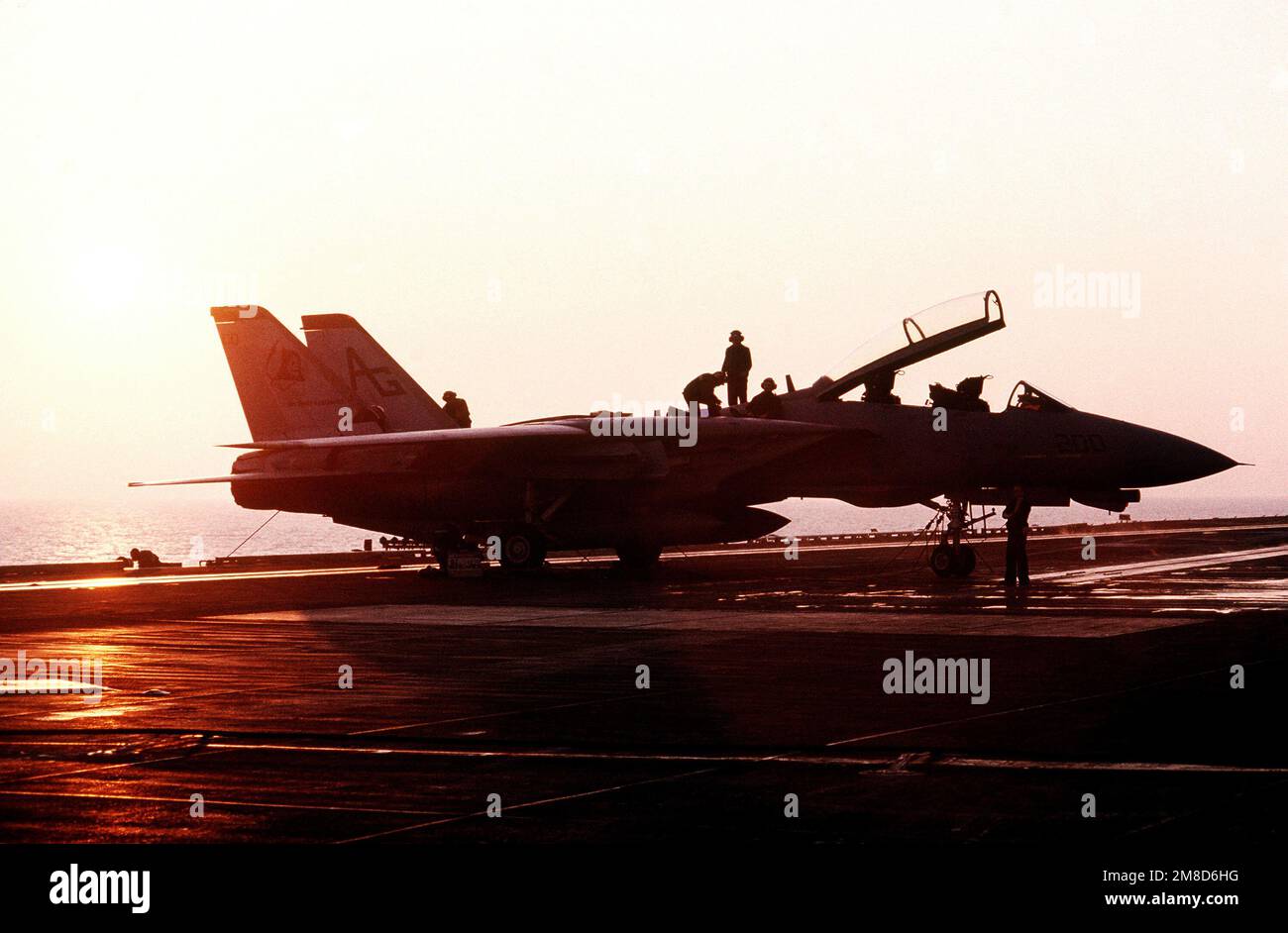 Members of Fighter Squadron 142 (VF-142) work on one of their F-14A ...
