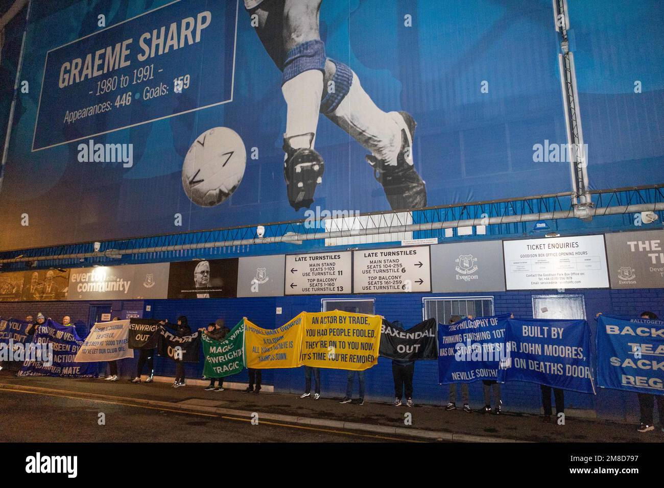 Everton fan’s show flags protesting during the Everton fan’s protest at ...