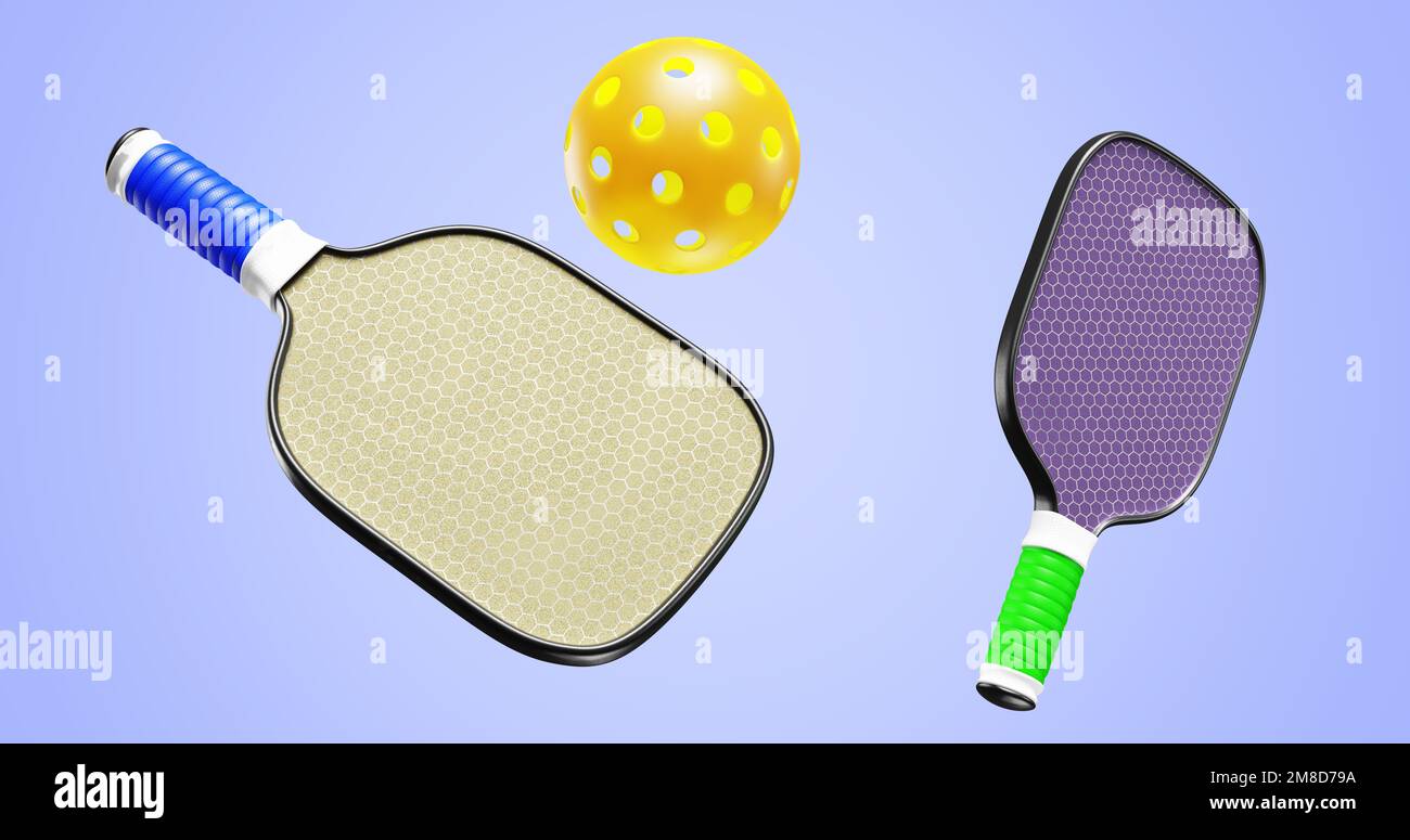 Pickleball two racquet paddles and one ball. 3D rendering Stock Photo ...
