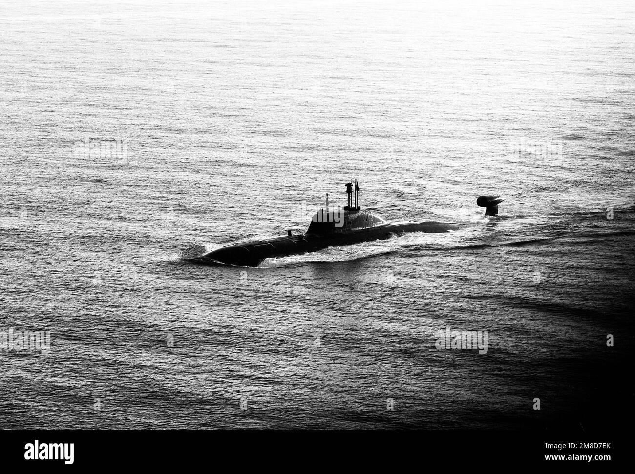 A port view of a Soviet Akula class nuclear-powered attack submarine ...