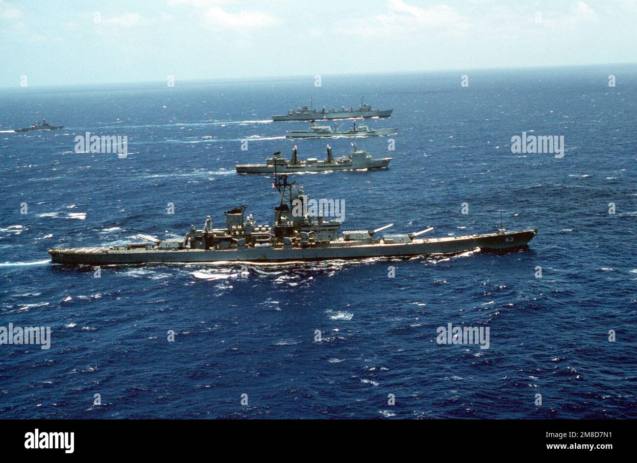 A starboard beam view of the battleship USS MISSOURI (BB-63) underway ...
