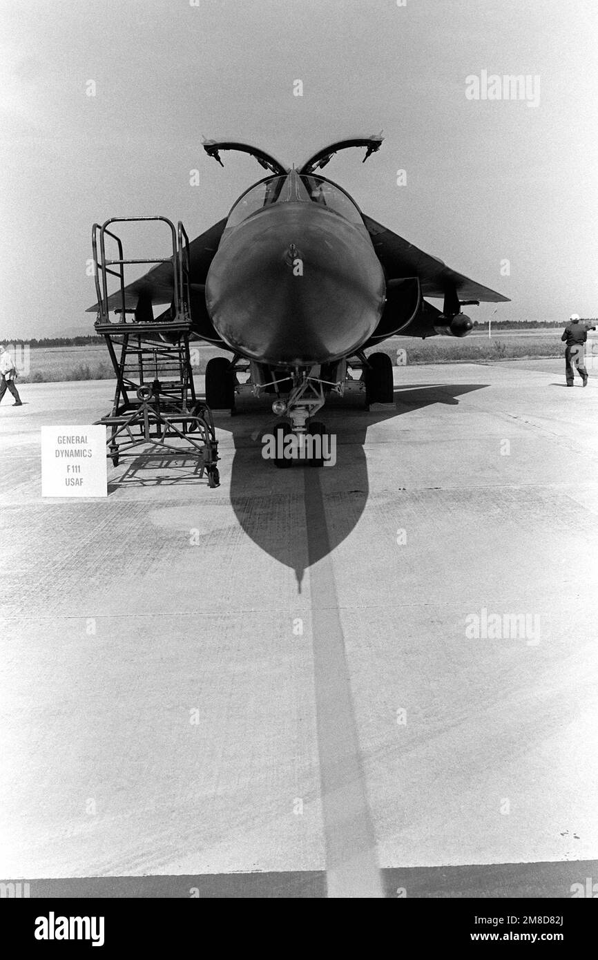 A head-on view of a United States Air Force F-111 aircraft at a static ...