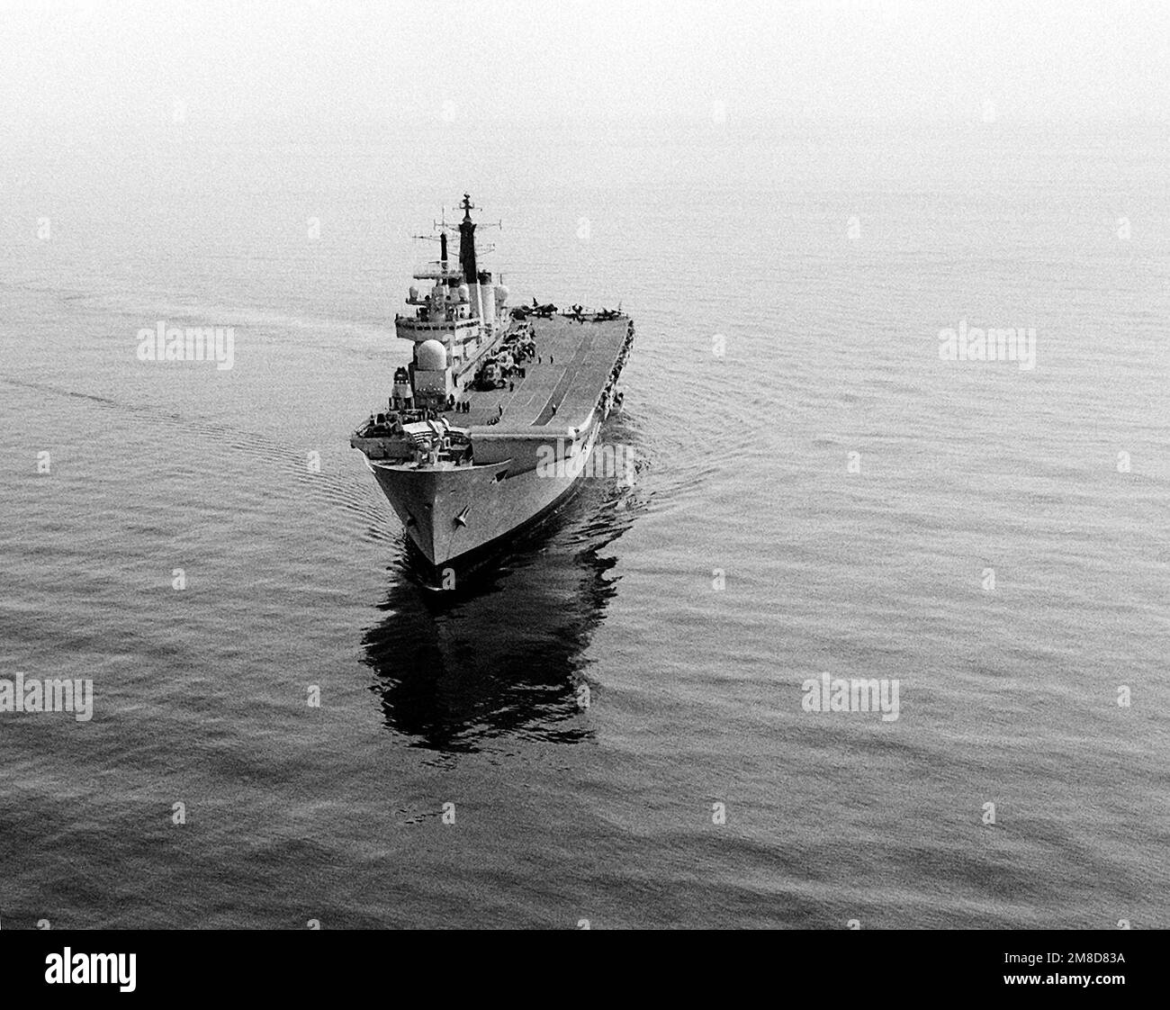 An aerial bow view of the British light aircraft carrier HMS INVINCIBLE ...