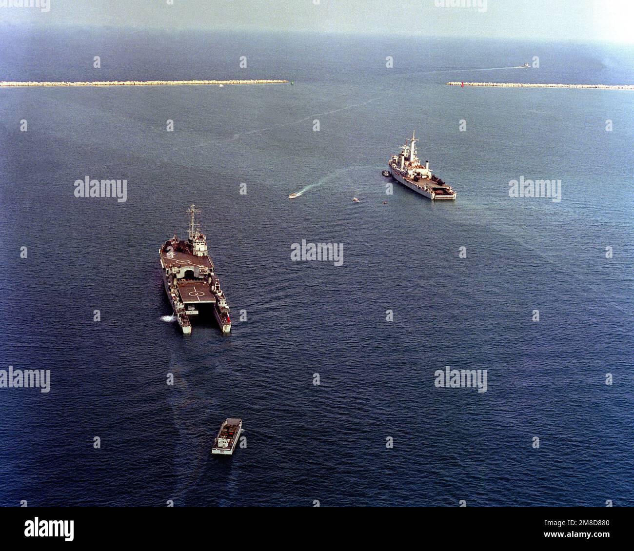 A stern view of the French landing ship dock FS OURAGAN (L-9021), left ...