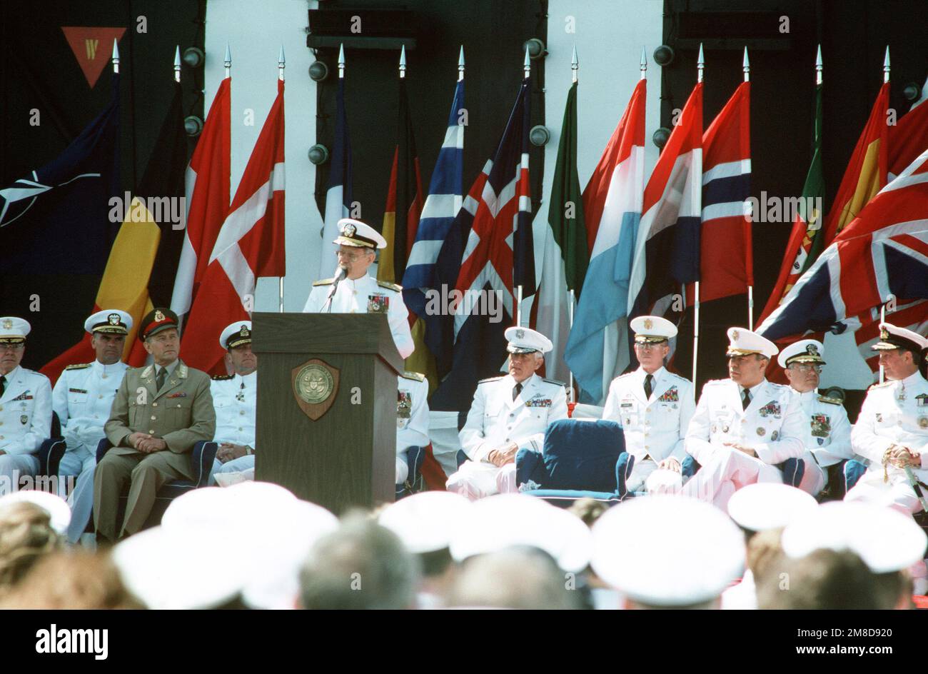 Admiral Leon A. Edney speaks at the change of command ceremony during ...