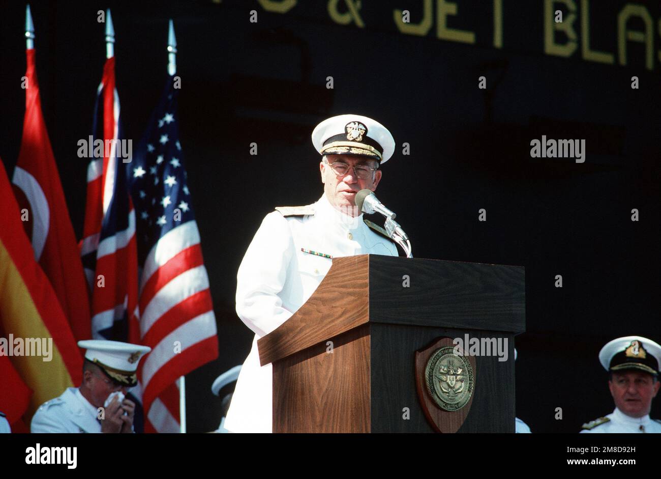 Admiral Frank B. Kelso II speaks during the change of command ceremony ...
