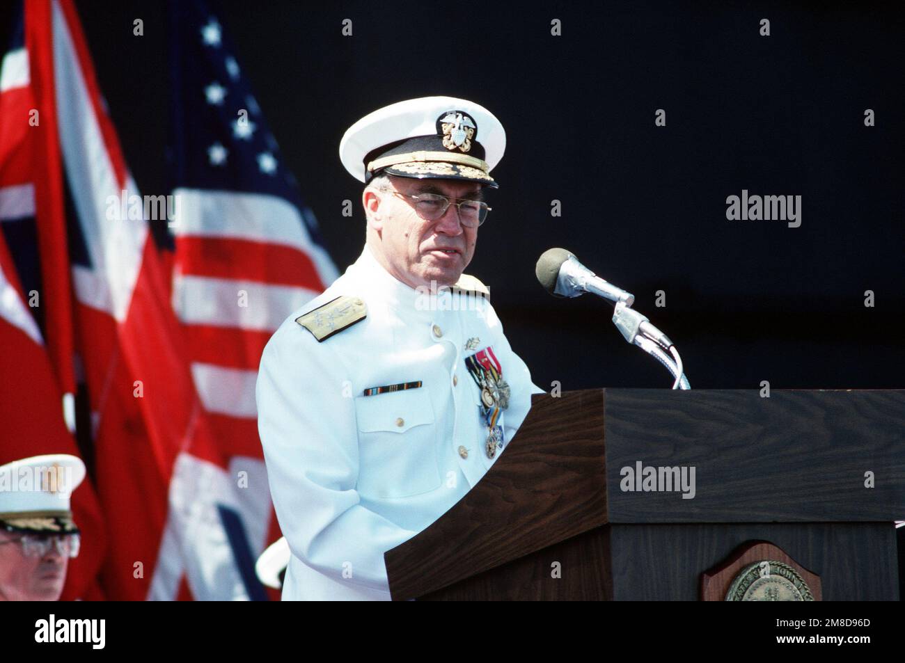 Admiral Frank B. Kelso II speaks during the change of command ceremony ...