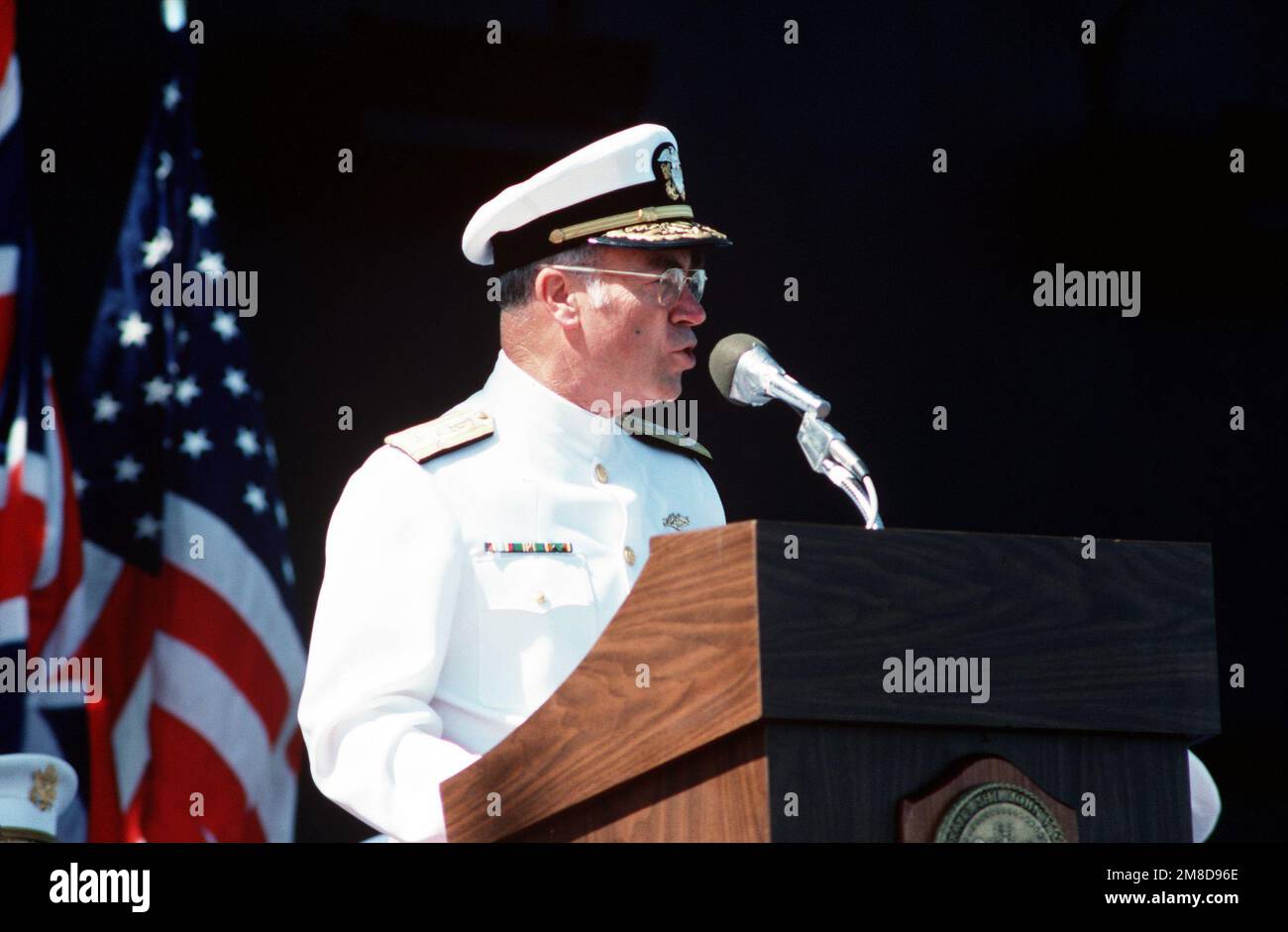 Admiral Frank B. Kelso II speaks during the change of command ceremony ...