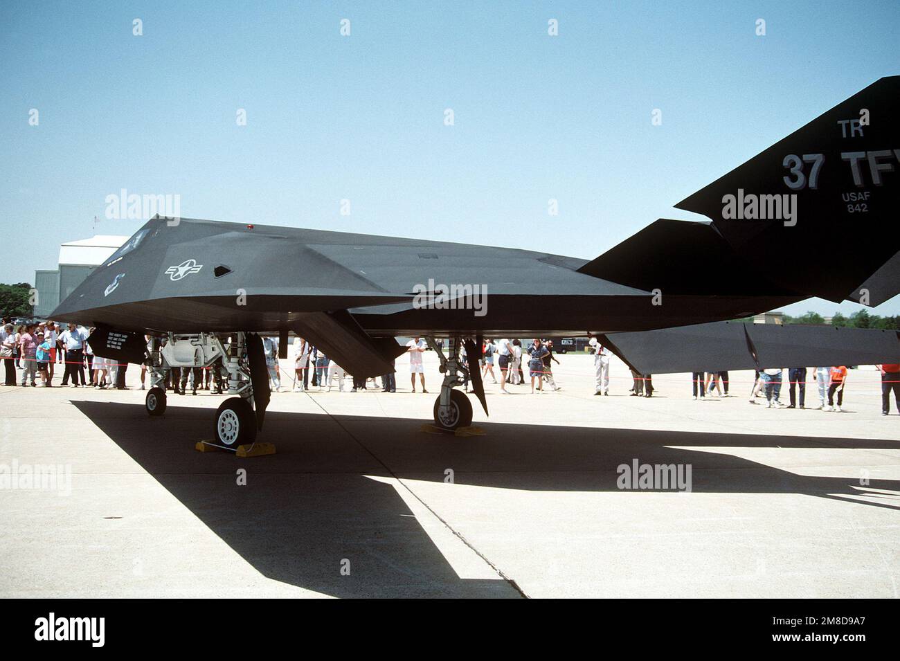 A left rear view of a 37th Tactical Fighter Wing F-117A Stealth Fighter ...